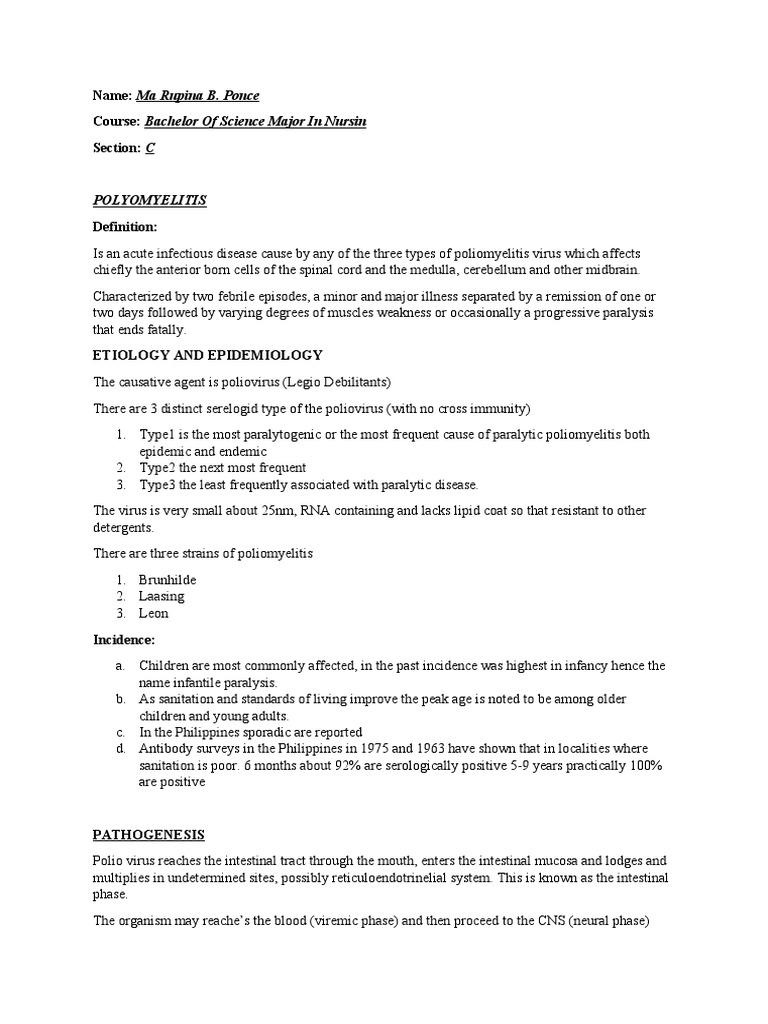 Polyomyelitis: Name: Ma Rupina B. Ponce Course: Bachelor of Science ...