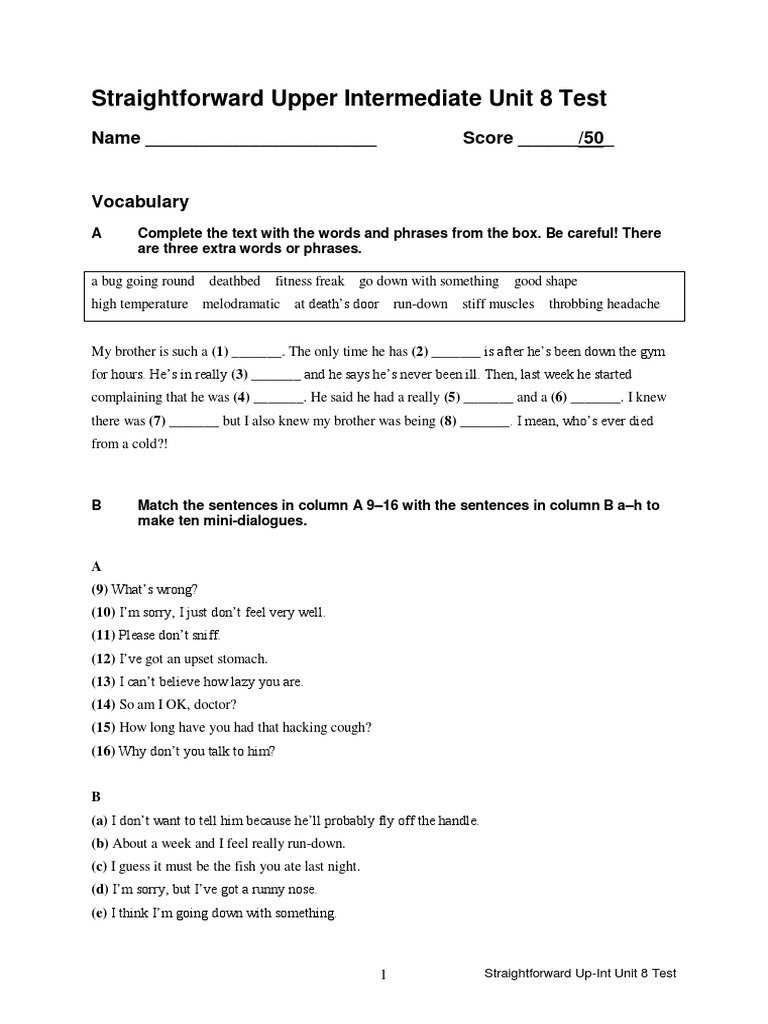 Straightforward Upper Intermediate Unit 8 Test: Name - Score - /50 | PDF