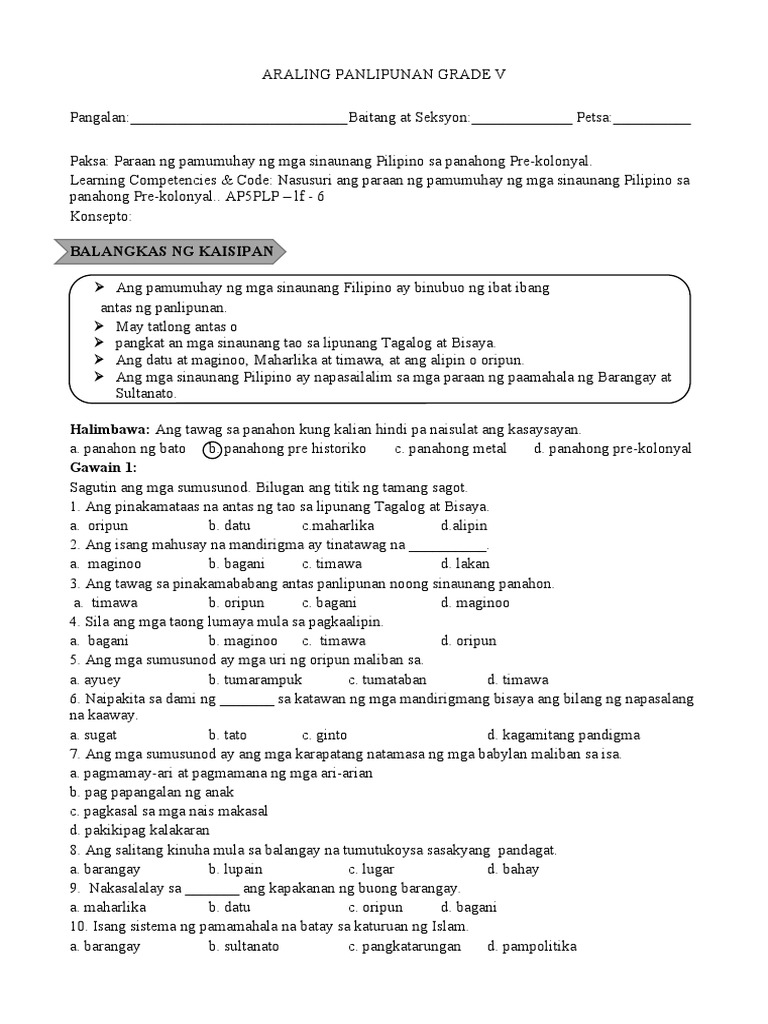 Araling Panlipunan Grade 5 Worksheets | PDF