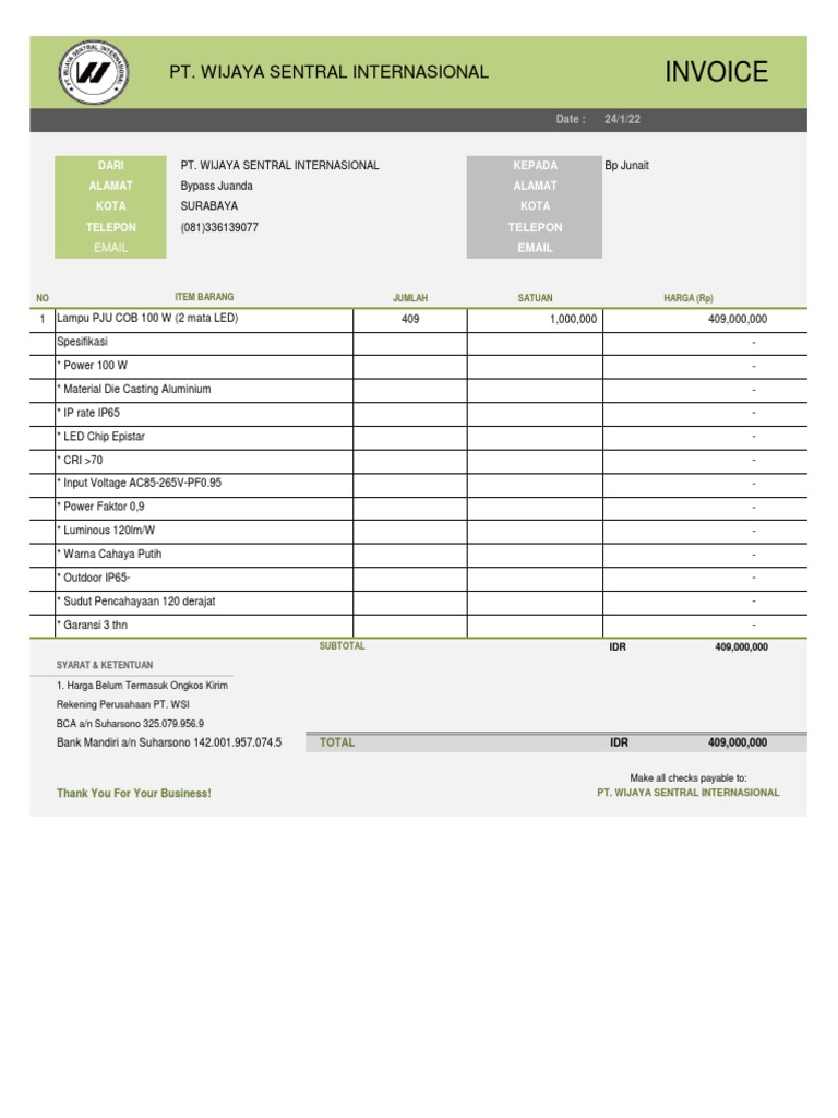 Invoice Lampu PJU 100W Surabaya | PDF