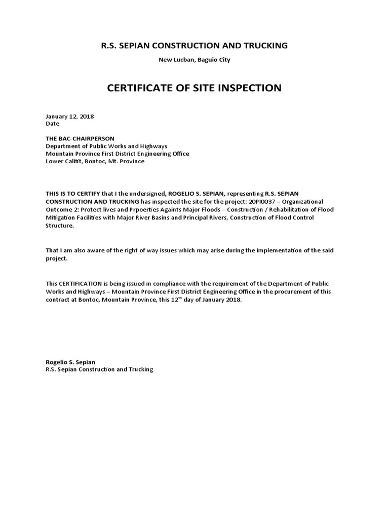 Certificate of Site Inspection | PDF