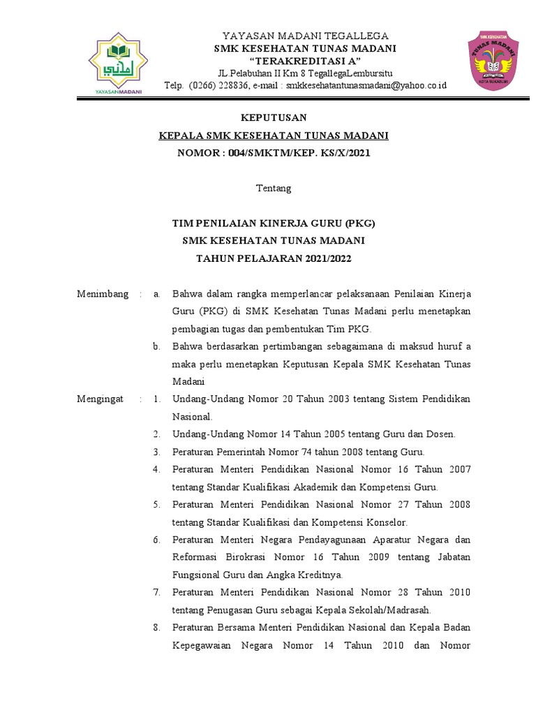 Keputusan Tim PKG SMK Tunas Madani | PDF