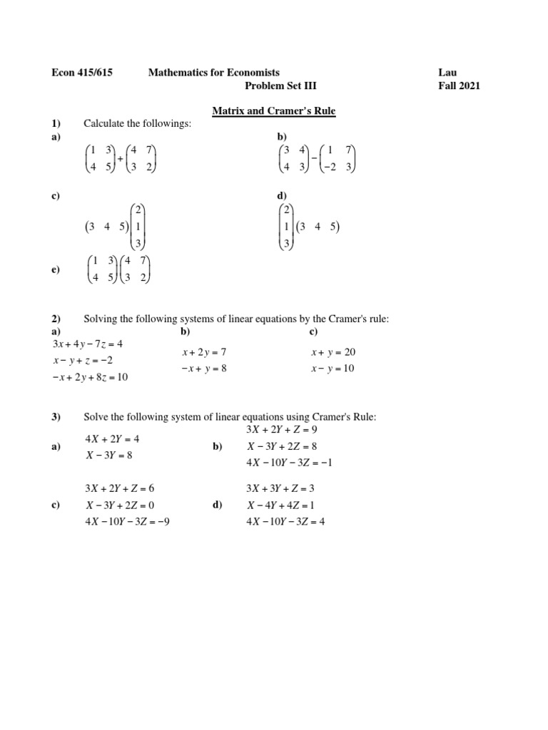 E20214 Math Econ 03 Matrix and Cramer's Rule | PDF | Mathematical ...