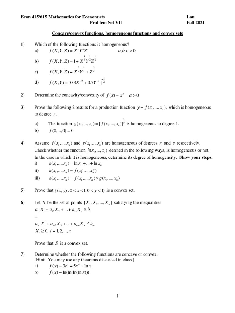 E20214 Math Econ 07 Concave Convex Functions Convex Sets Homogeneous Functions | PDF | Convex ...