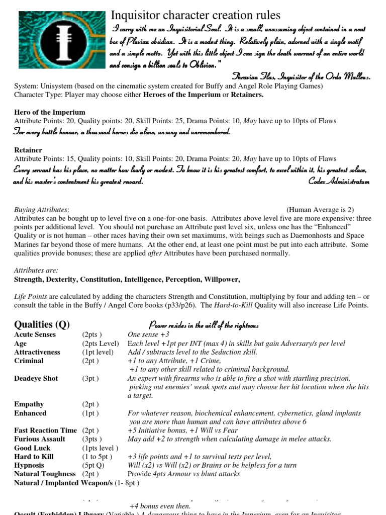 40K Unisystem Inquisitor Character Creation Rules | PDF | Shotgun ...