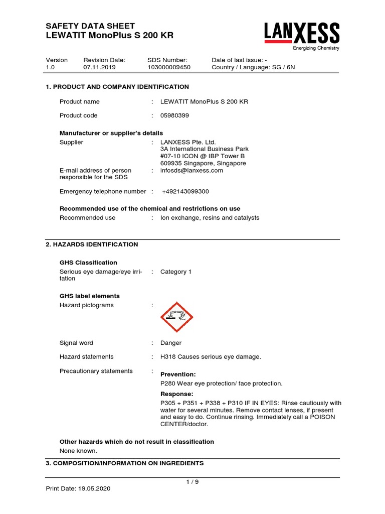 LEWATIT MonoPlus S 200 KR - CPS Cation Resin | PDF | Chemistry ...
