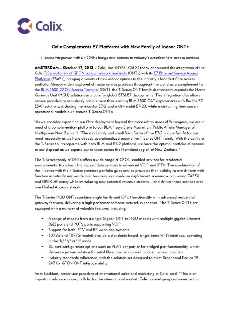 Calix Complements E7 Platforms With New Family of Indoor Onts | PDF ...