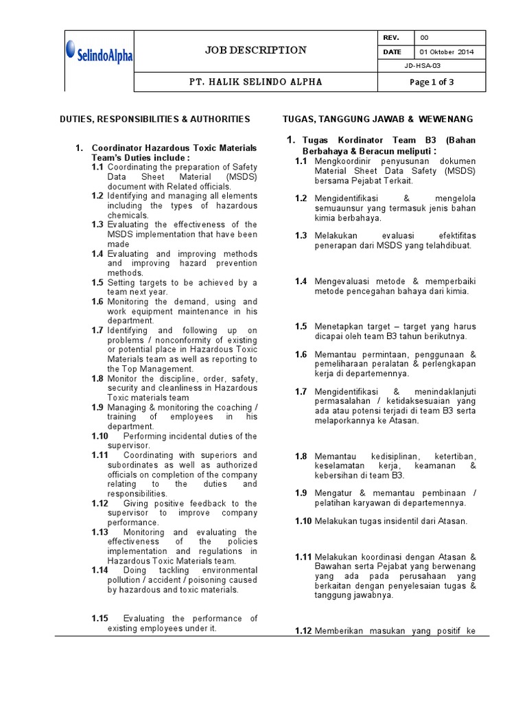 Job Description: Pt. Halik Selindo Alpha | PDF | Natural Environment ...