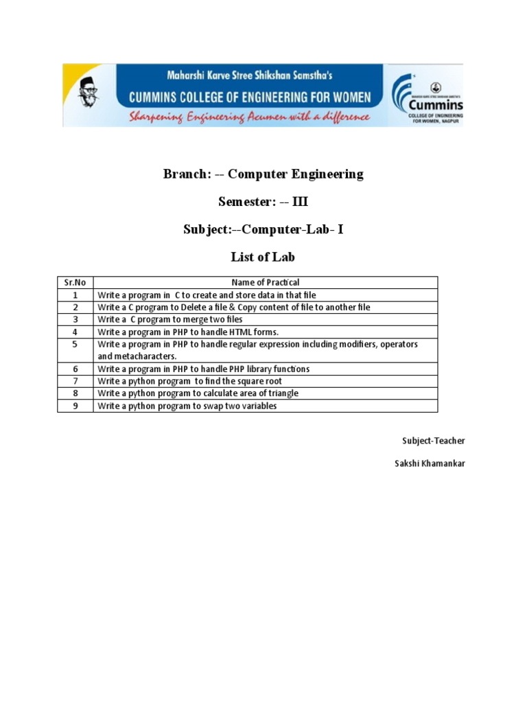 Branch: - Computer Engineering Semester: - III Subject: - Computer-Lab ...