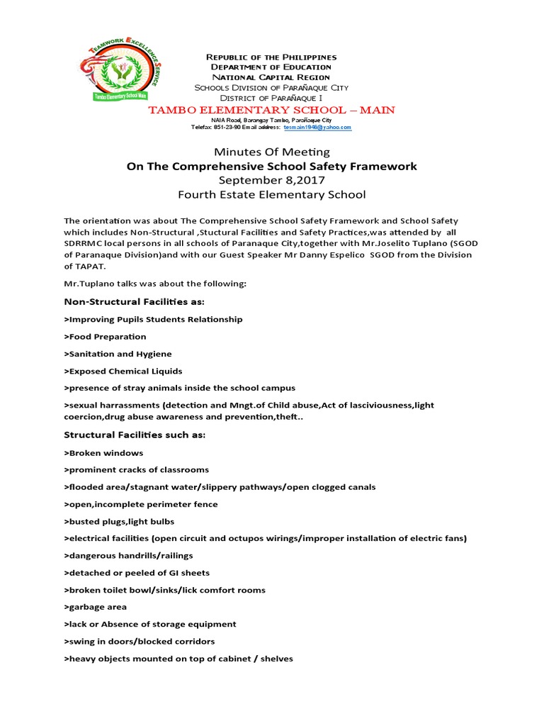 Narrative Report On School Safety Framework Sept 8,2017 | PDF ...