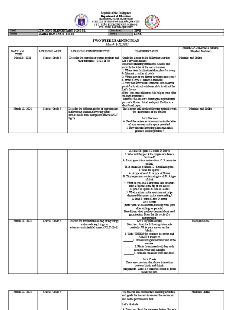 Two Week Learning Plan Science | PDF | Flowers | Spore