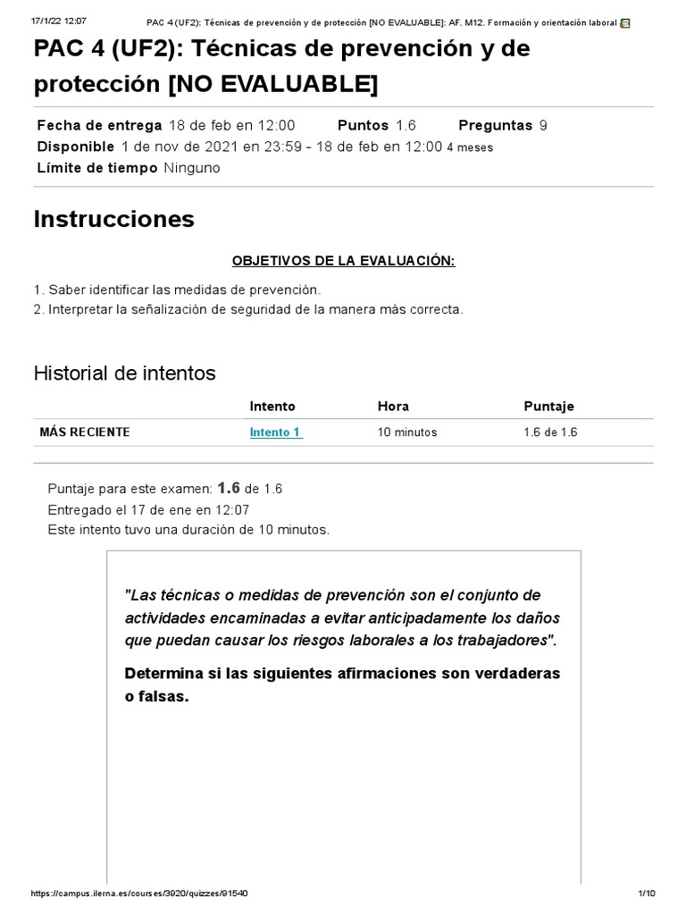 PAC 4 (UF2) - Técnicas de Prevención y de Protección (NO EVALUABLE) - AF. M12. Formación y ...