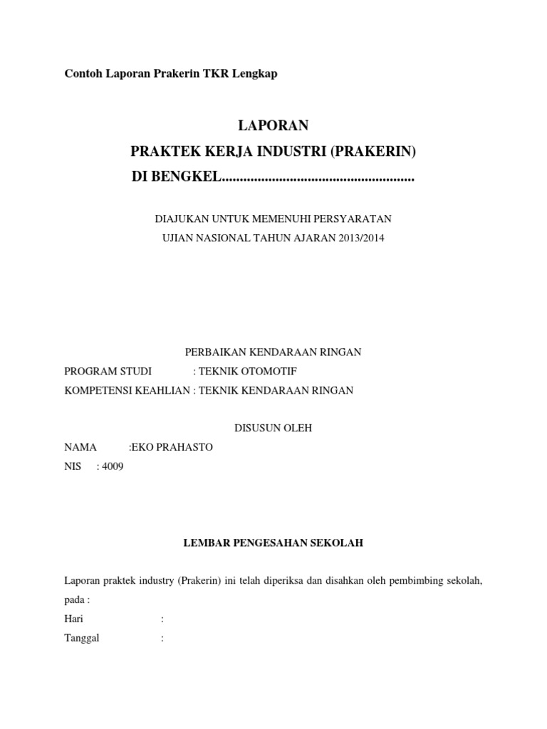 Contoh Laporan Prakerin TKR Lengkap | PDF | Bisnis | Teknologi & Rekayasa