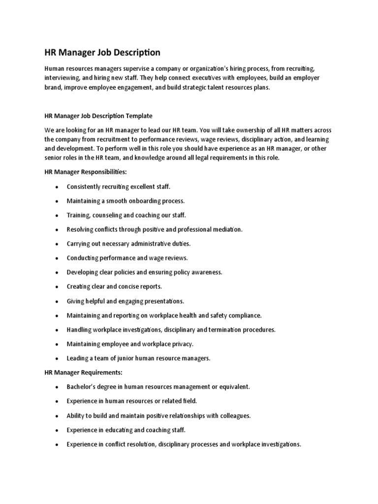 HR Manager Job Description | PDF