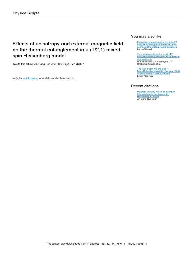 Guo 2007 Phys. Scr. 76 327 | PDF | Quantum Entanglement | Spin (Physics)