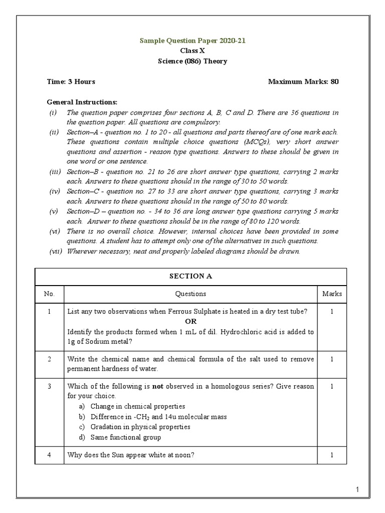 Class X Science (086) Theory Time: 3 Hours Maximum Marks: 80 General ...