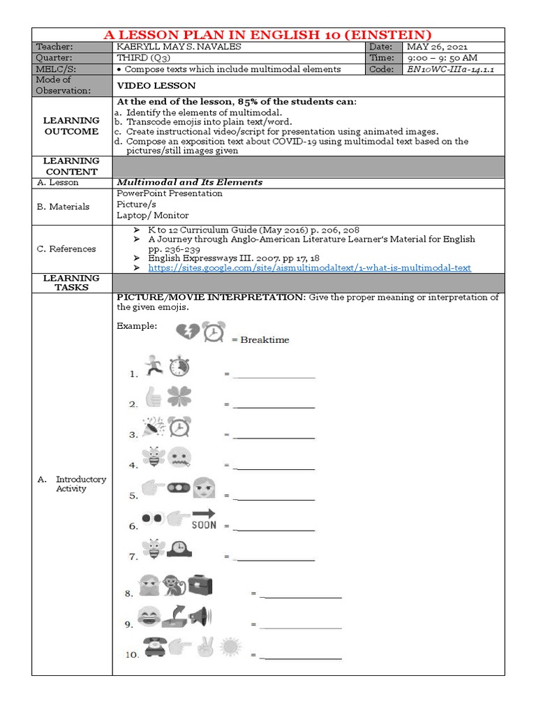 A Lesson Plan in English 10 (Einstein) : Video Lesson at The End of The ...