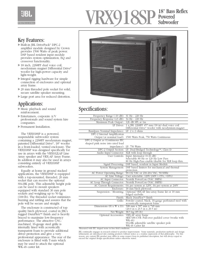 JBL VRX918SP.v1 | PDF | Loudspeaker | Sound Production Technology