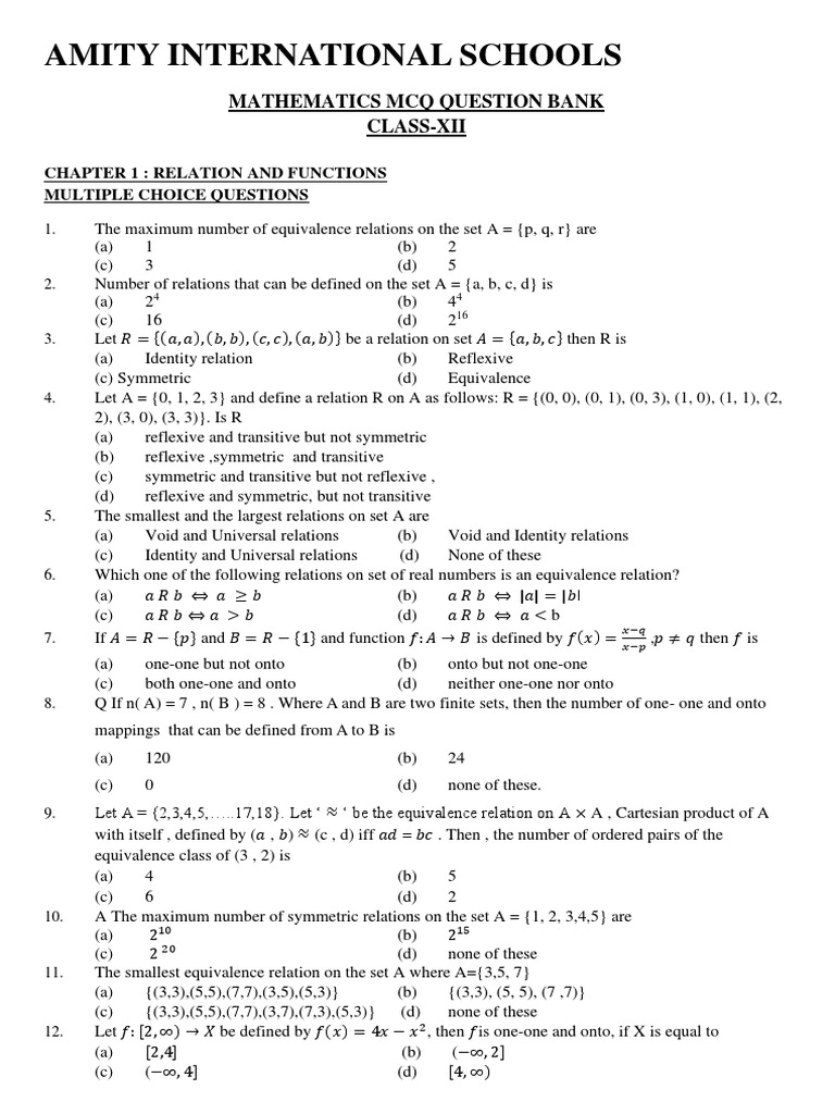 Class 12 Math MCQ: Relations & Functions | PDF | Function (Mathematics ...