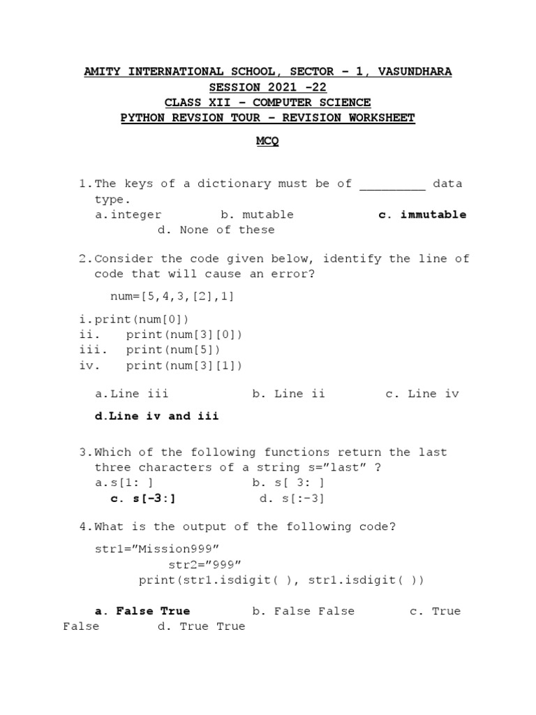 Amity International School, Sector - 1, Vasundhara SESSION 2021 - 22 Class Xii - Computer ...