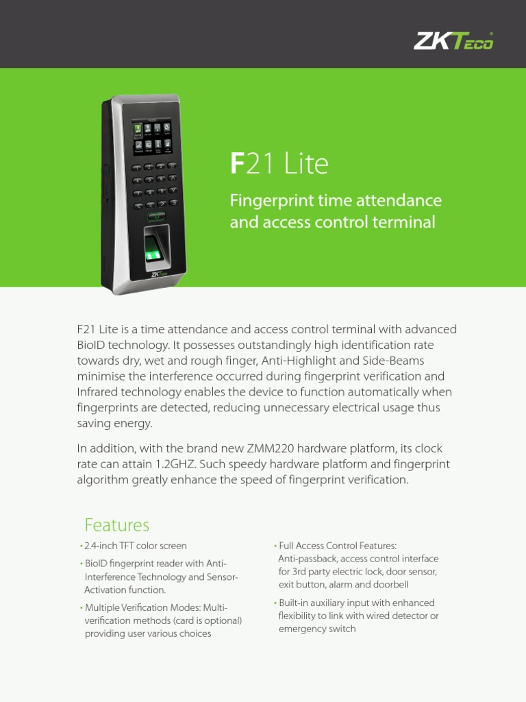 F21 Lite: Fingerprint Time Attendance and Access Control Terminal | PDF ...