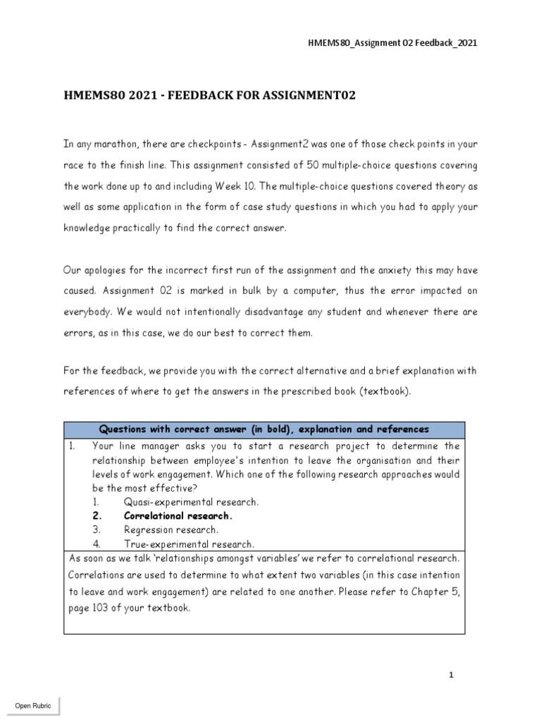 Hmems80 2021 - Feedback For Assignment02: Questions With Correct Answer (In Bold), Explanation ...