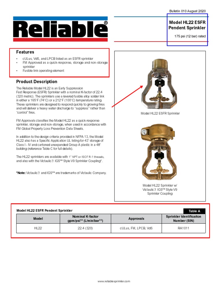 010 - Reliable Sprinkler K22.4 - HL22 | PDF | Fire Sprinkler System ...