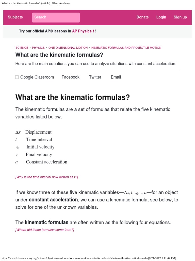What Are The Kinematic Formulas (Article) | PDF | Kinematics | Velocity