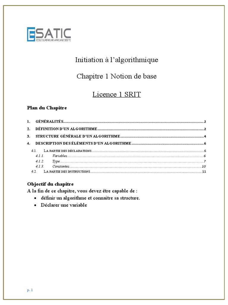 Srit1 Initiation A L'algorithmique 2016 Chapitre 1 Notion de Base Termine | PDF | Langage de ...