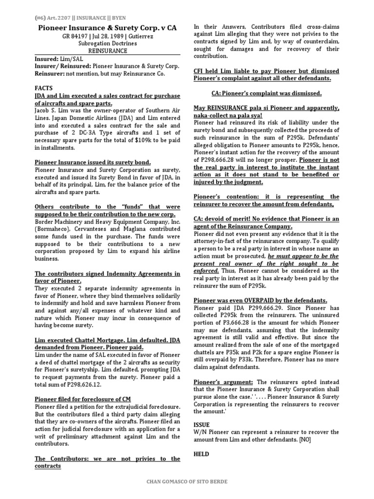 Pioneer Insurance & Surety Corp. V CA | PDF | Insurance | Surety