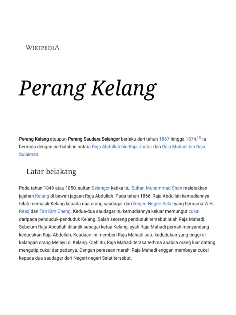 Perang Kelang - Wikipedia Bahasa Melayu, Ensiklopedia Bebas | PDF