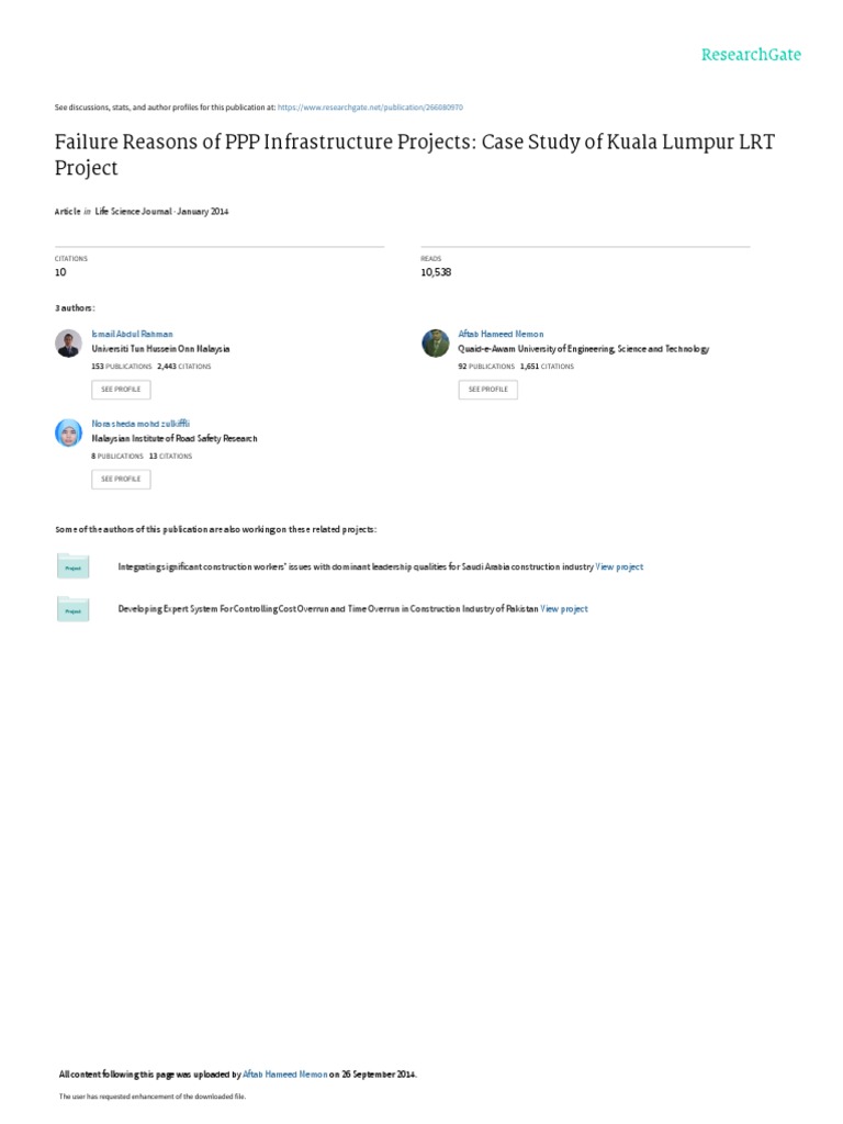 Failure Reasons of PPP Infrastructure Projects: Case Study of Kuala ...