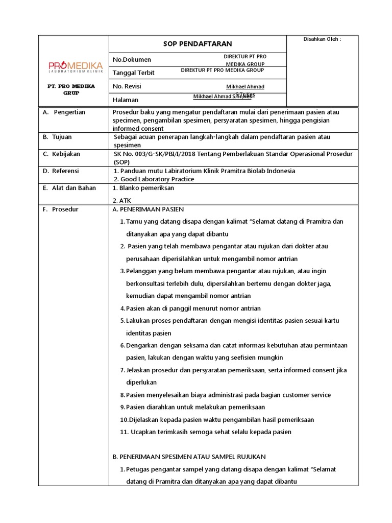 SOP Pendaftaran Pasien dan Spesimen | PDF