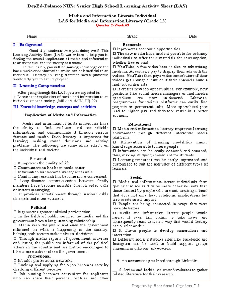 Media and Information Literate Individual LAS For Media and Information ...