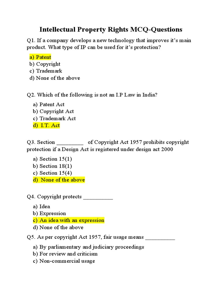 Intellectual Property Rights MCQ | PDF | Trademark | Patent