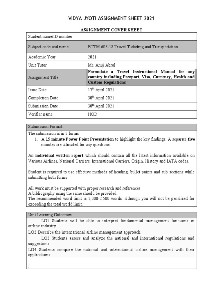 Vidya Jyoti Assignment Sheet 2021 | PDF | Travel Visa | Passport