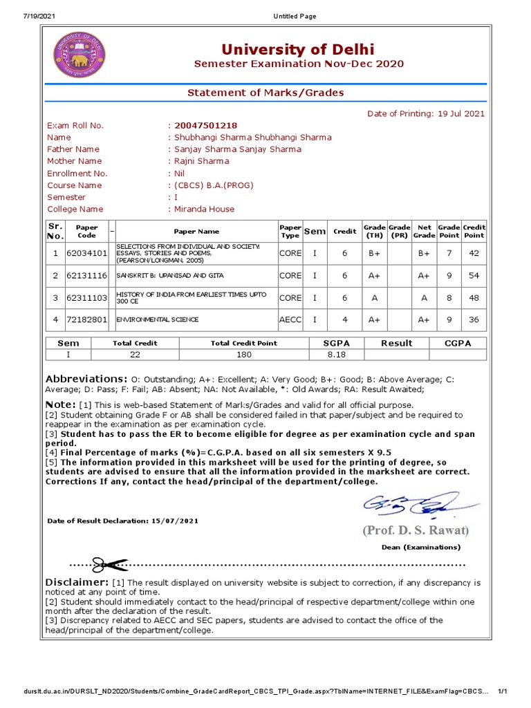 University of Delhi: Semester Examination Nov-Dec 2020 Statement of ...