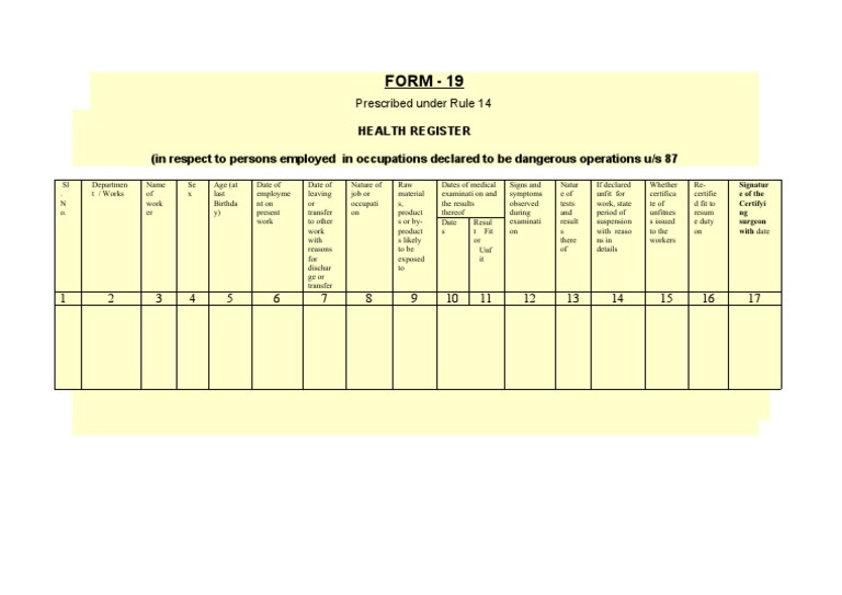 FORM - 19: Health Register (In Respect To Persons Employed in ...