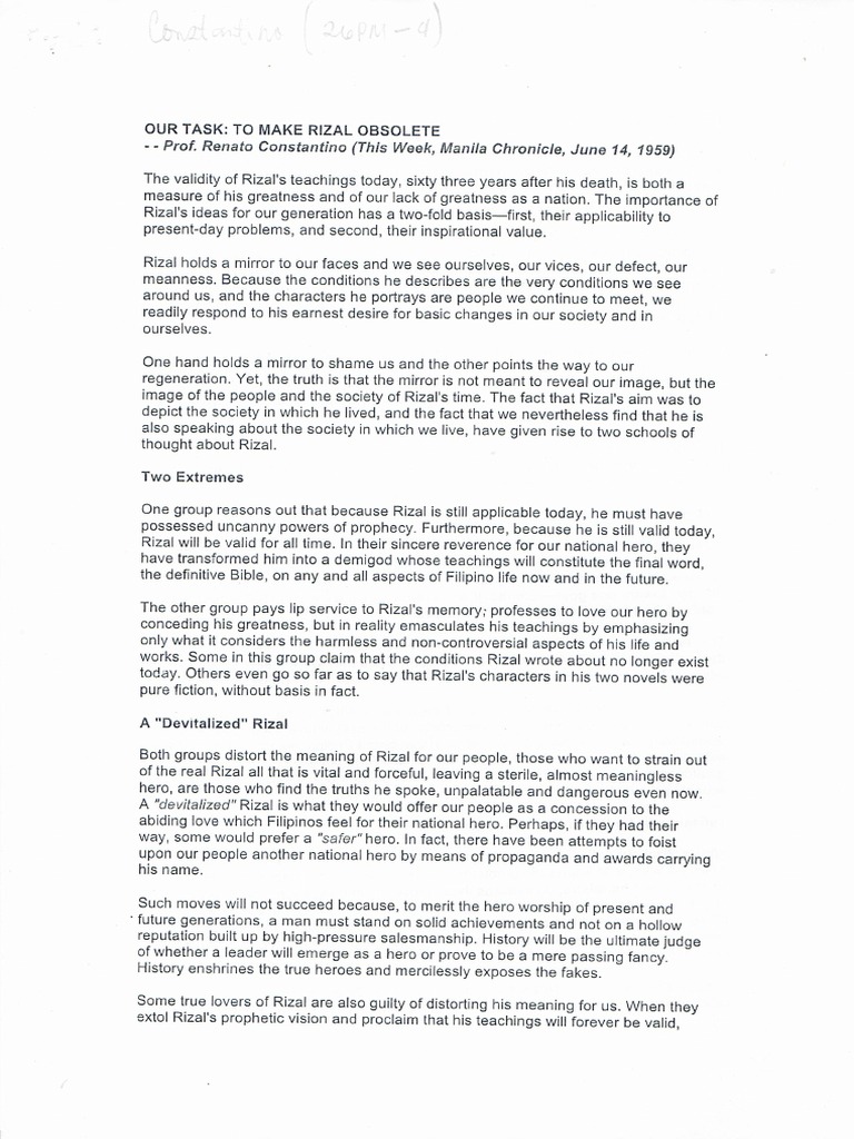 Our Task To Make Rizal Obsolete by Renato Constantino | PDF