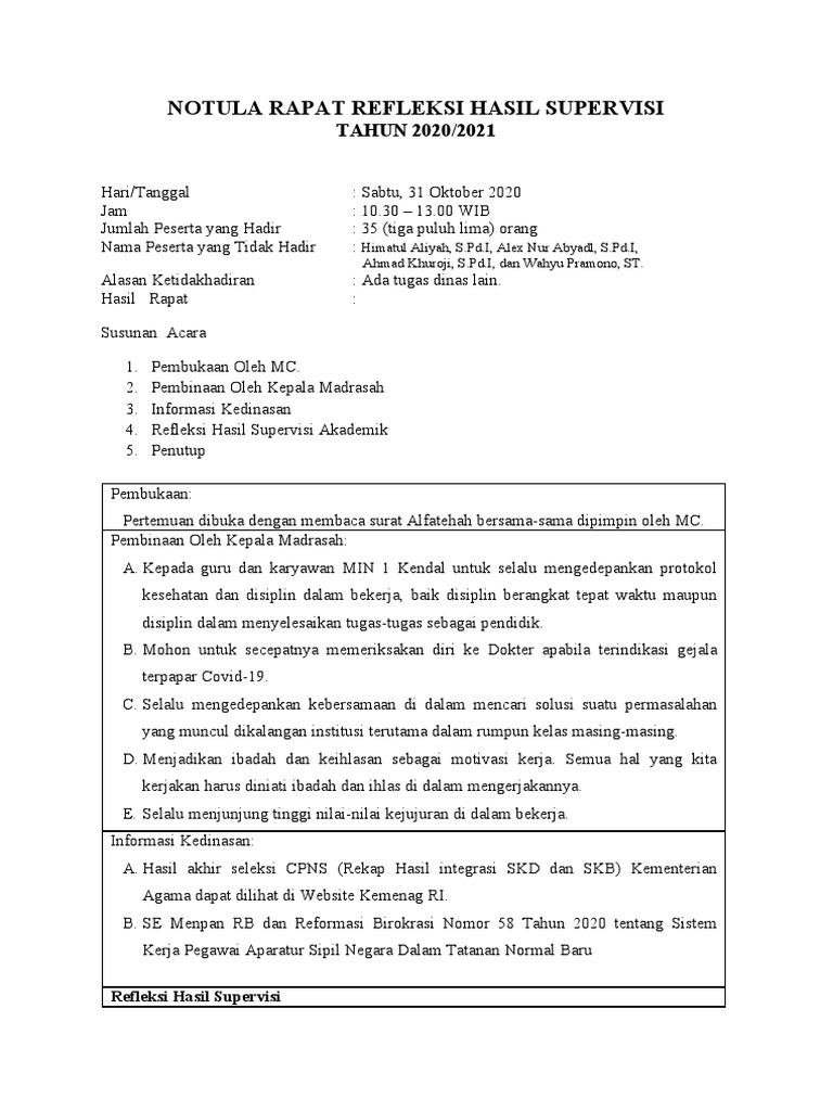 Notulen Rapat Refleksi Supervisi 2020 | PDF | Karier & Perkembangan ...