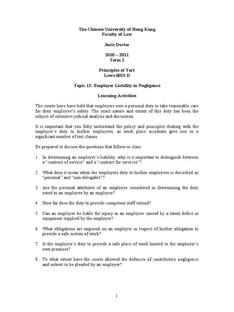 Topic 12 Employer Liability in Negligence - Learning Activities | PDF ...