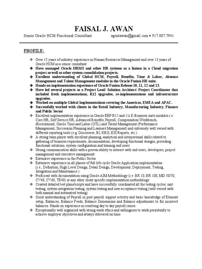 Oracle HCM Consultant Profile: Faisal Awan | PDF | Human Resource ...