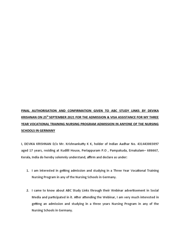 Student Commitment Letter-Germany Nursing Program New | PDF | Travel ...