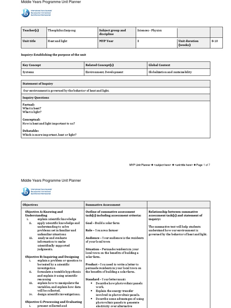 MYP Year 3 Physics: Heat and Light Unit | PDF | Science | Inquiry