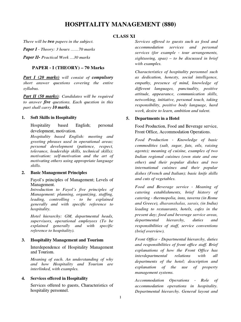 Hospitality Management Class XI Syllabus | PDF | Hotel | Psychological ...