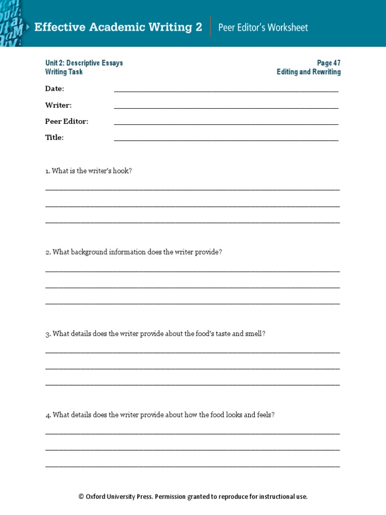 Unit 2: Descriptive Essays Writing Task Editing and Rewriting | PDF ...