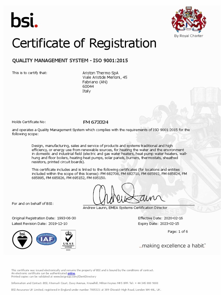 Ariston Thermo Group - Certificado ELCO ISO 9001 | PDF | Water Heating | Building Engineering