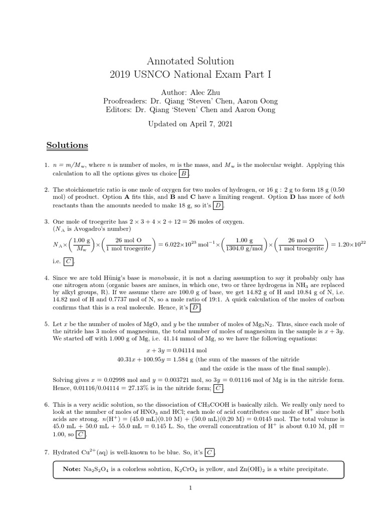 2019 Usnco Exam Part I Solutions | PDF | Solvation | Redox