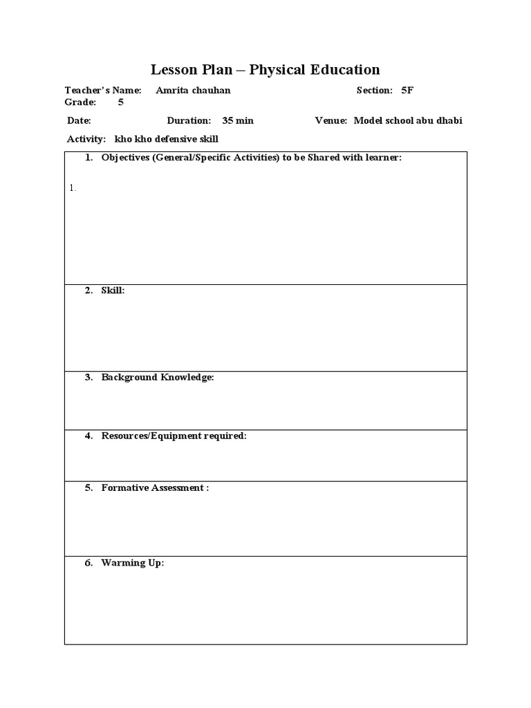 Kho Kho Lesson Plan New | PDF