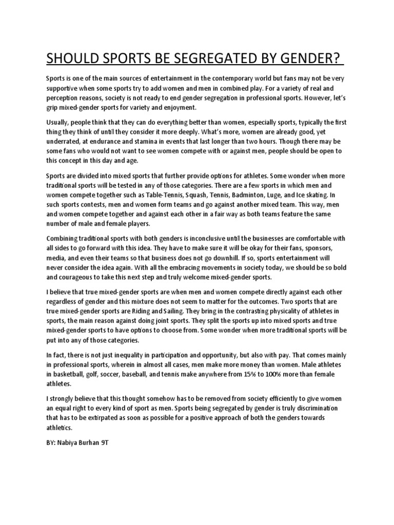 Gender Segregation in Sports Debate | PDF | Gender | Gender Studies